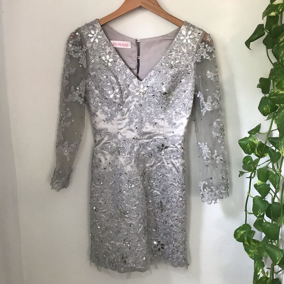 Dresses | Beaded Silver Gray Lace Dress Nwt Small | Poshmark